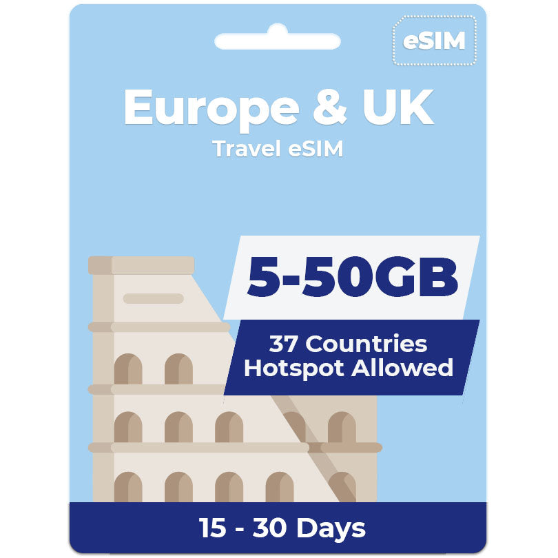Europe eSIM for Tourists Up to 50GB Data