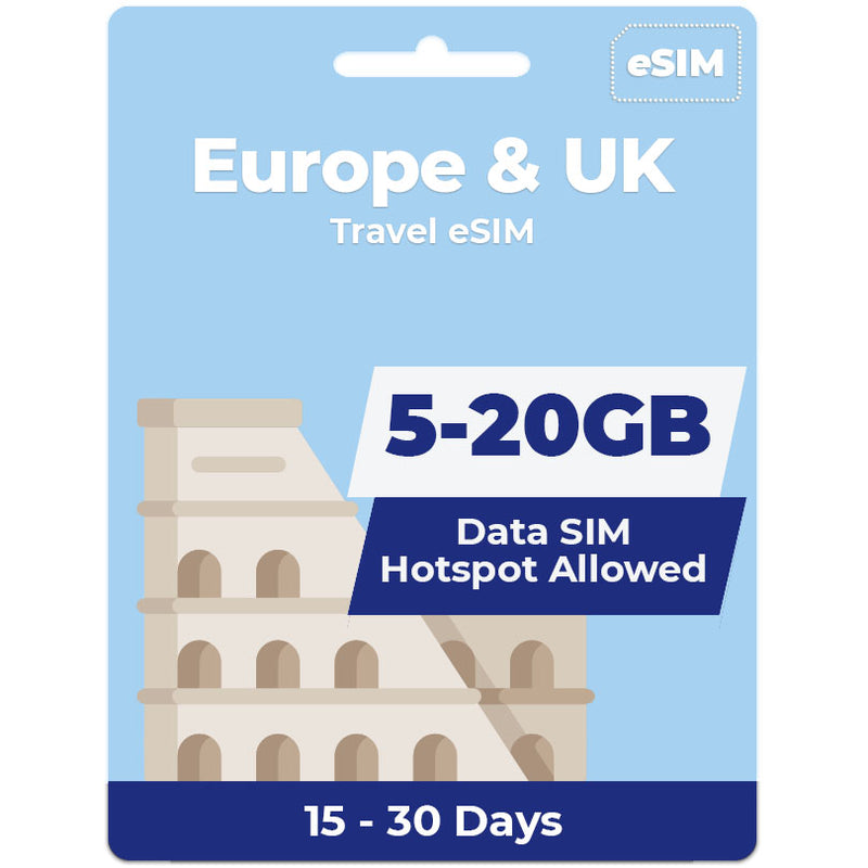 Europe eSIM for Tourists Up to 20GB Data